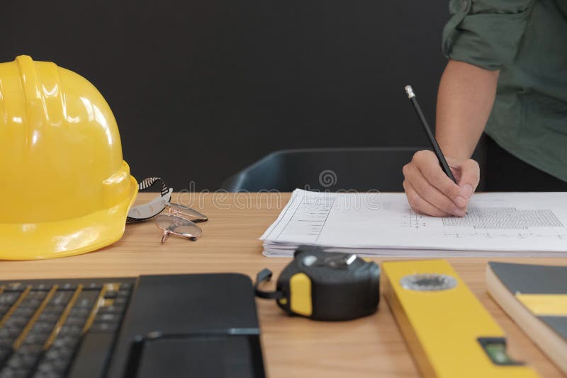 Architect Engineer Working on House Blueprint of Real Estate Pro Stock ...