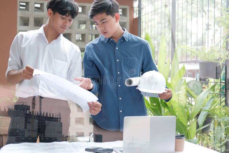 Architect Engineer Working on House Blueprint of Real Estate Project ...