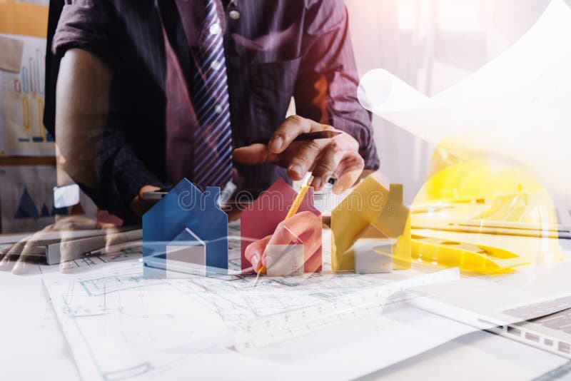 Architect or Engineer Working in Office with Blueprints,engineer Inspection in Workplace for ...