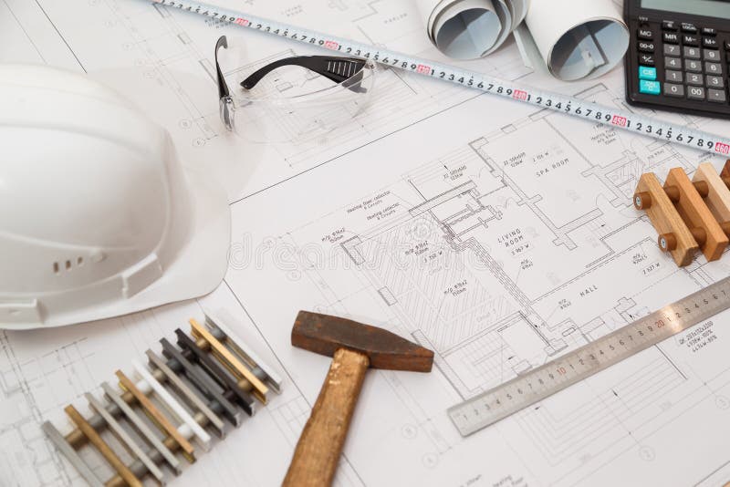 Architect or Engineer Workplace with Drawings and Tools Stock Photo ...
