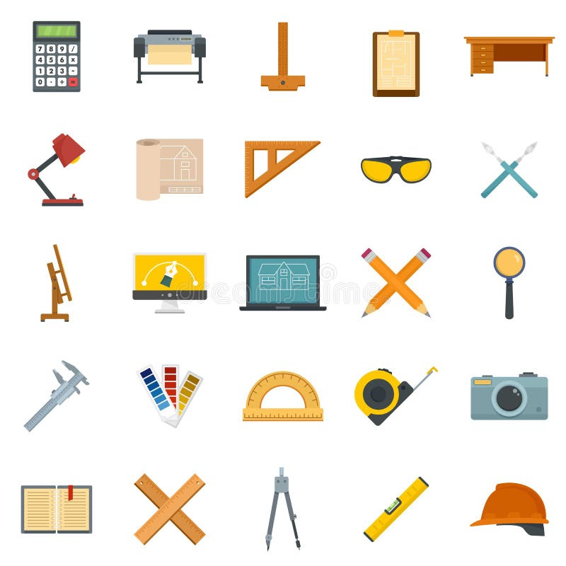 Architect Equipment Icons Set, Flat Style Stock Vector - Illustration ...