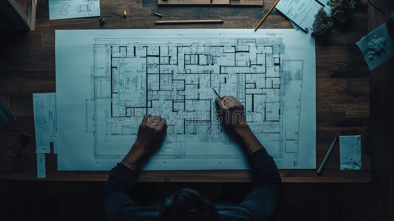 An Architect Examines Detailed Blueprints in a Workspace Filled with ...