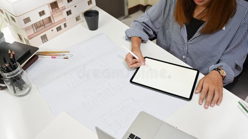 Architect Female Working Digital Tablet Drawing Architecture Project ...