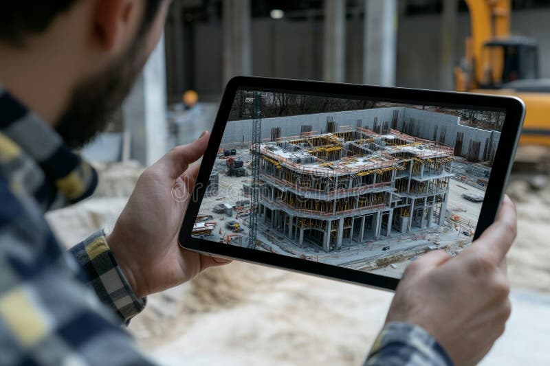 An Architect is Focused on a Tablet Displaying a Highly Detailed 3D ...