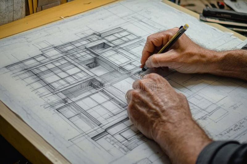 An Architect Focuses Intently on Drawing Intricate Architectural ...