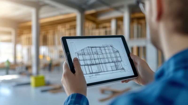 Architect Assessing Detailed Construction Plans on a Tablet Inside a ...