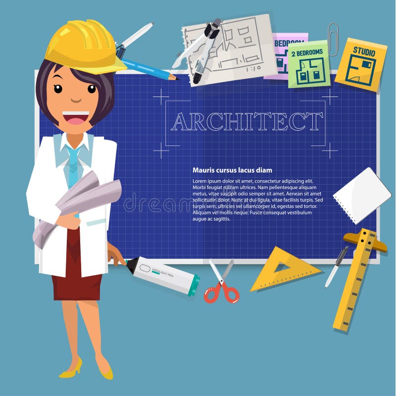 Architect Girl with Blueprint Paper and Icon To Presentation Stock ...