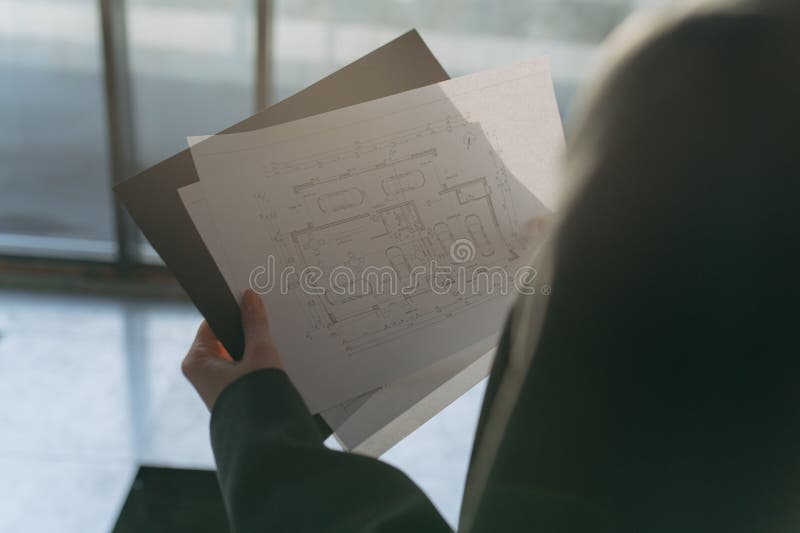 The Architect Girl Holds a Paper with a Drawing in Her Hand. a Designer ...