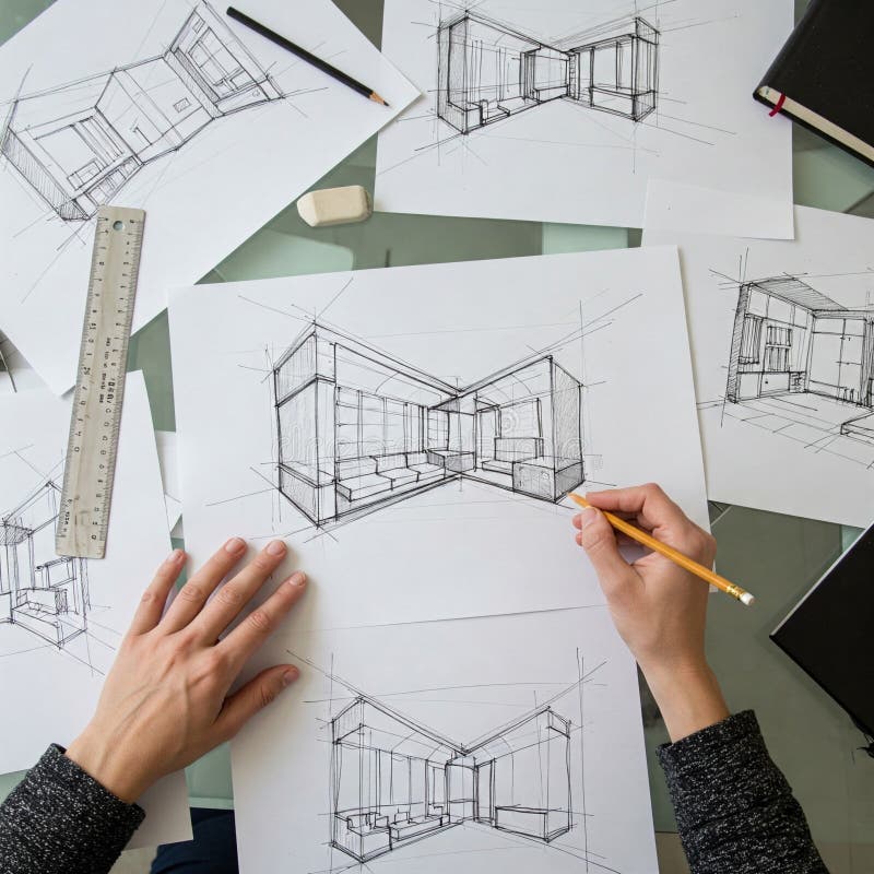 Architect Hand Drawing Interior Perspective Sketches Stock Illustration ...