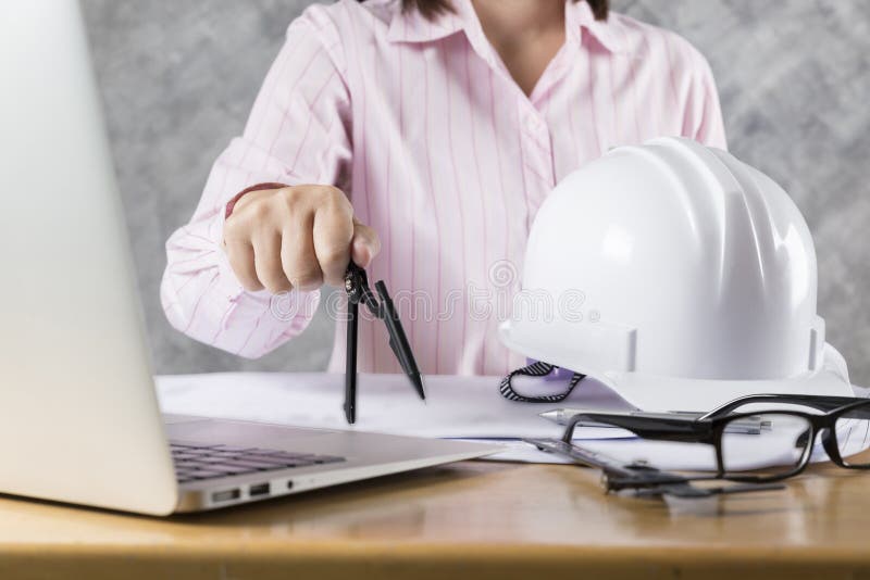 Architect Hand Holding Compass Working on Construction Engineering ...