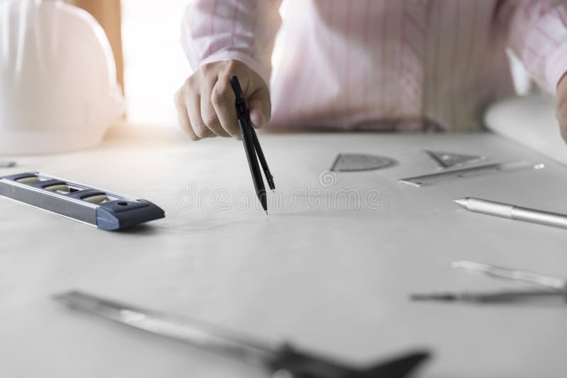 Architect Hand Holding Compass Working on Construction Project Stock ...
