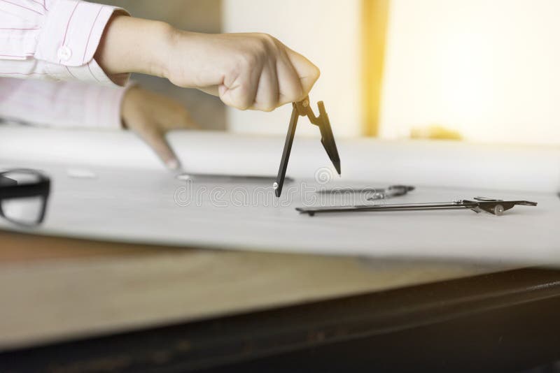 Architect Hand Holding Compass Working on Construction Project Stock ...