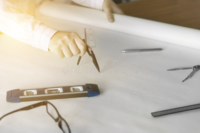Architect Hand Holding Compass Working on Construction Project Stock ...