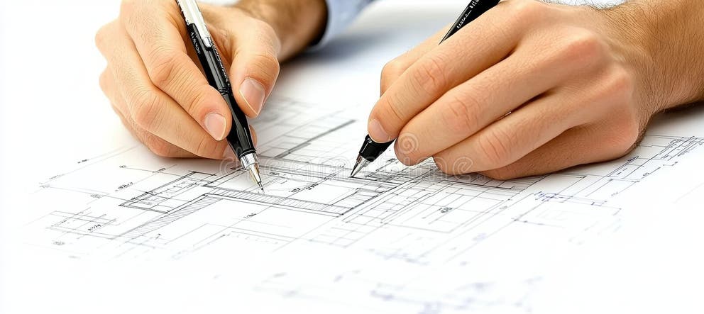 Architect Hands Drafting Plans. Close-Up of Technical Drawing ...