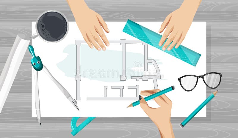 Architect Hands Drawing a Blueprint with Rulers, Compass and Pencil ...