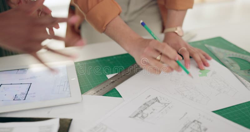 Architect, Hands and Drawing Planning for Construction, Discussion or ...