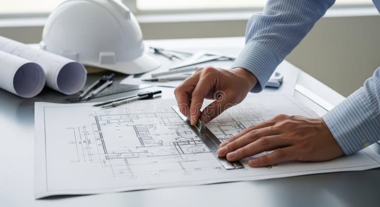 Architect Hands Meticulously Working on Building Blueprints with Drawing Tools Stock ...