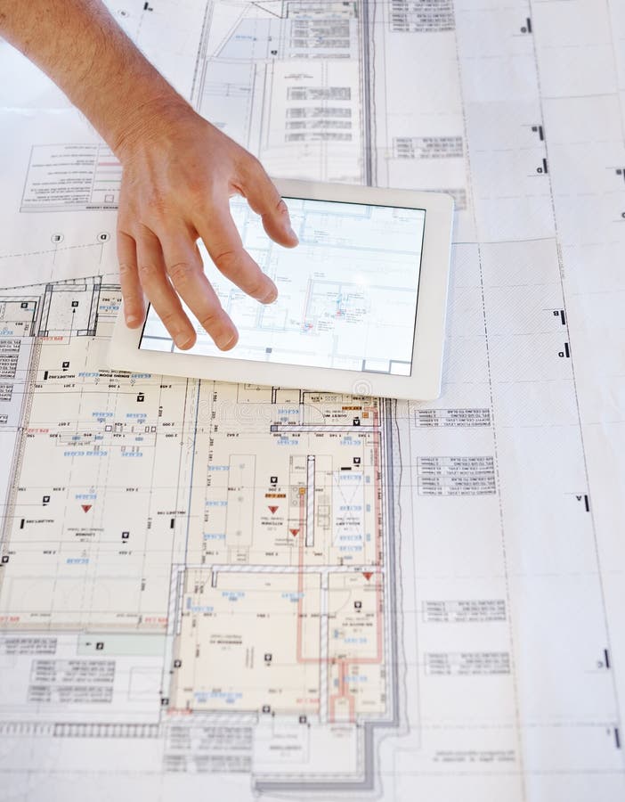 Architect, Hands or Tablet with Blueprint Design for Industrial ...