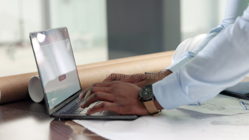 Typing Architect, Laptop and Happy Black Man Planning Infrastructure ...
