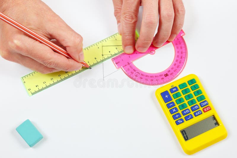 Architect Hands at Work with a Pencil and Ruler on White Sheet of Paper ...