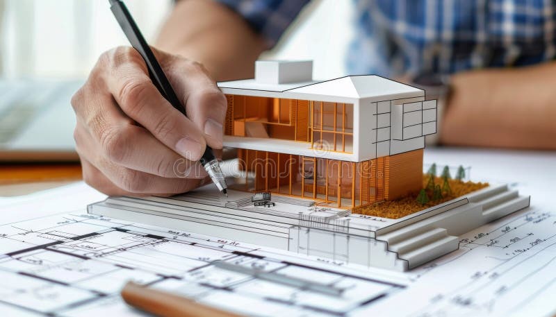 Architect Hands Write Building Plan with Model House or Building on ...