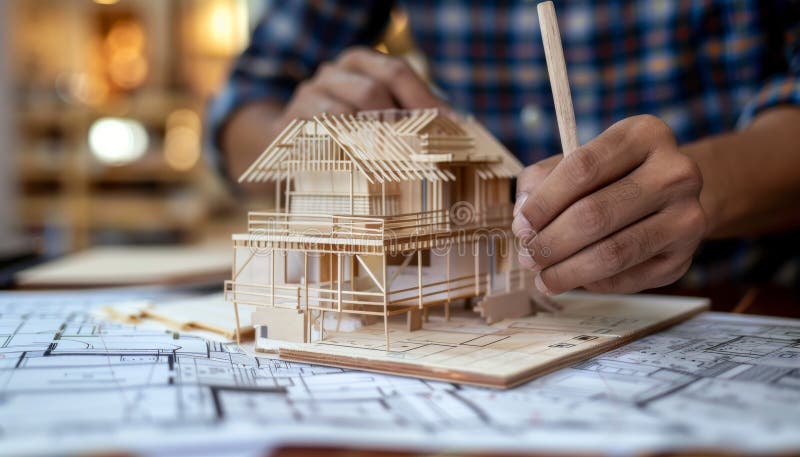 Architect Hands Write Building Plan with Model House or Building on ...
