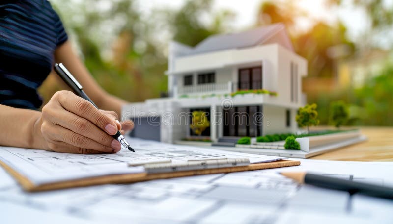 Architect Hands Write Building Plan with Model House or Building on ...