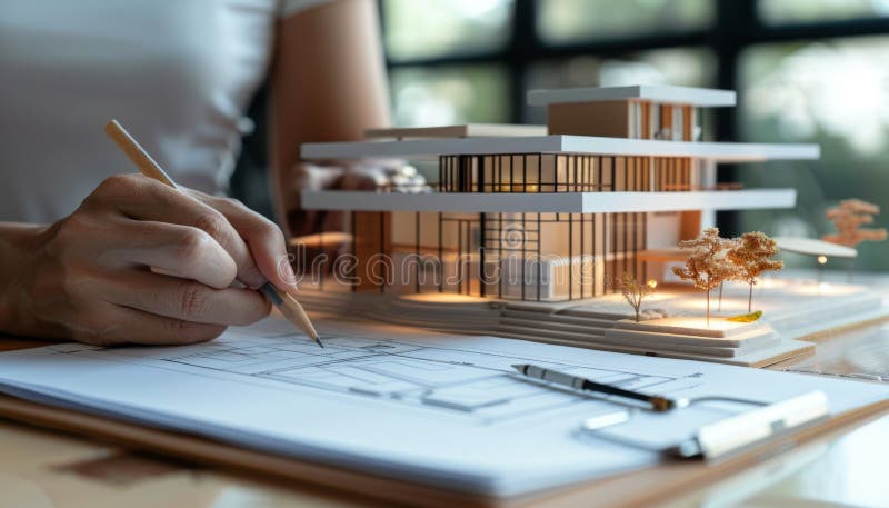 Architect Hands Write Building Plan with Model House or Building on ...