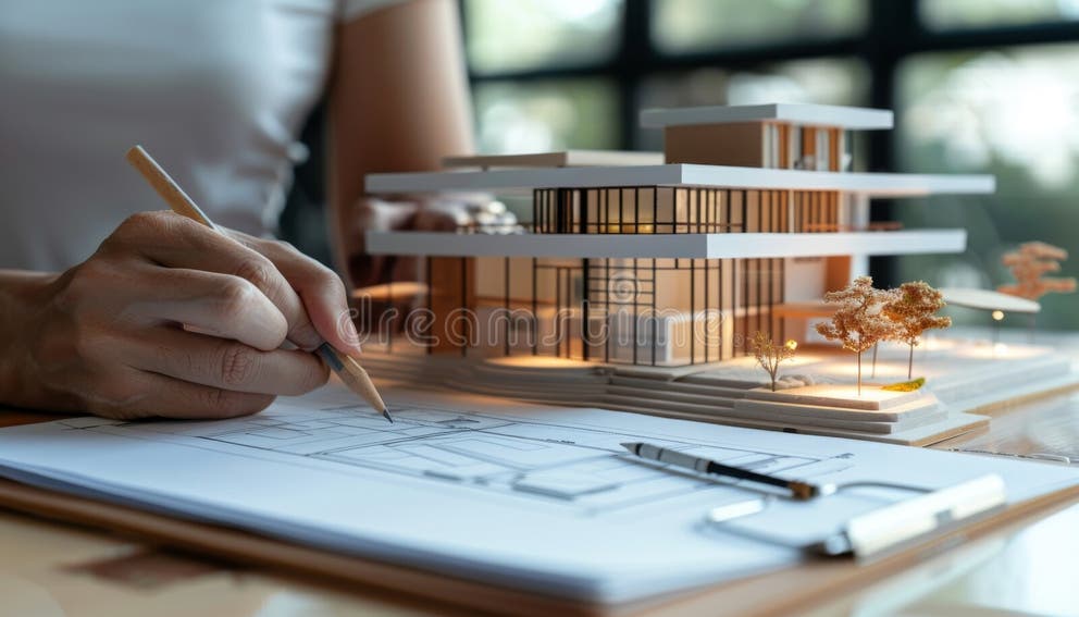 Architect Hands Write Building Plan with Model House or Building on Roof Top. Stock Illustration ...