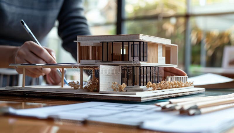Architect Hands Write Building Plan with Model House or Building on ...
