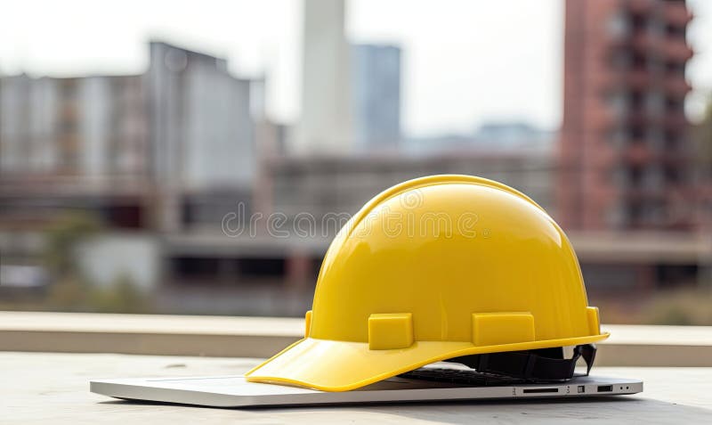 Architect with Hard Hat Reviewing Blueprints on Laptop Computer ...