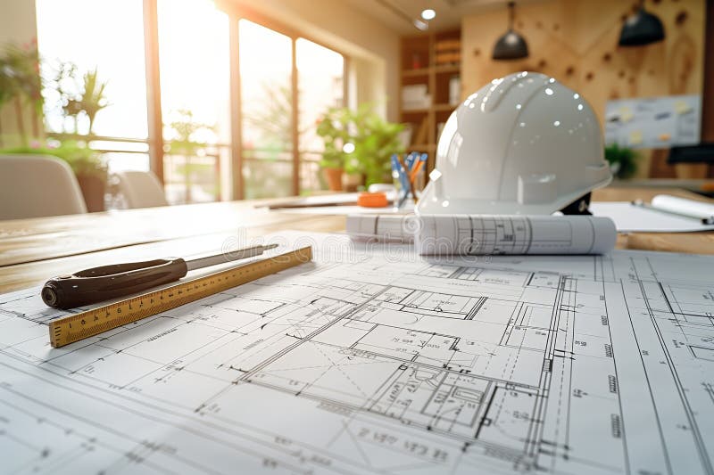 Architect Hardhat and Blueprints on Desk Stock Image - Image of ...