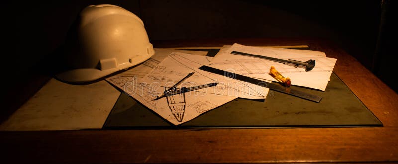Architect Helmet with His Tools on a Table Stock Image - Image of table ...