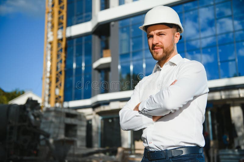 Architect in Helmet Near New Building Stock Image - Image of crane ...