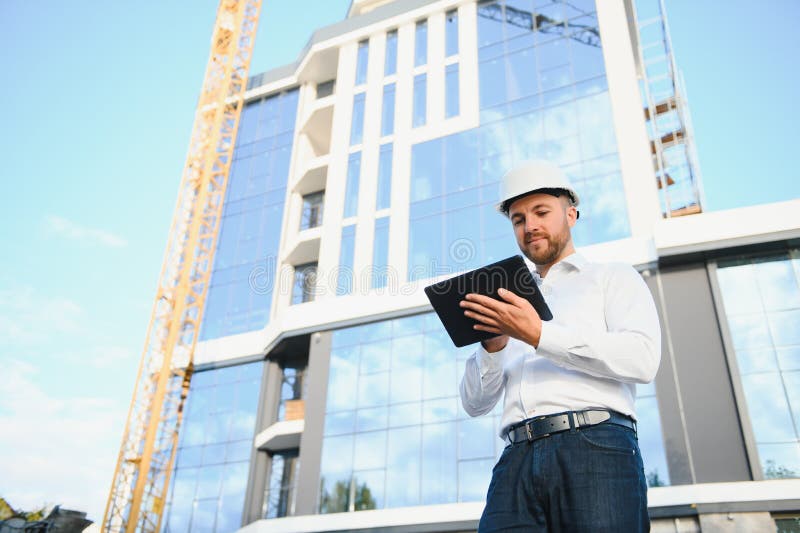 Architect in Helmet Near New Building Stock Image - Image of manager ...