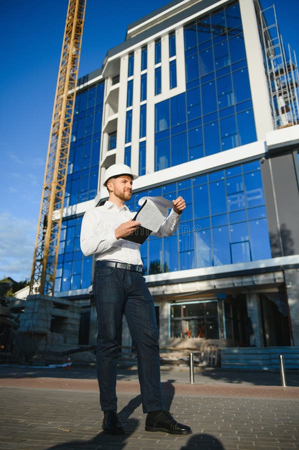 Architect in Helmet Writing Something Near New Building Stock Image ...