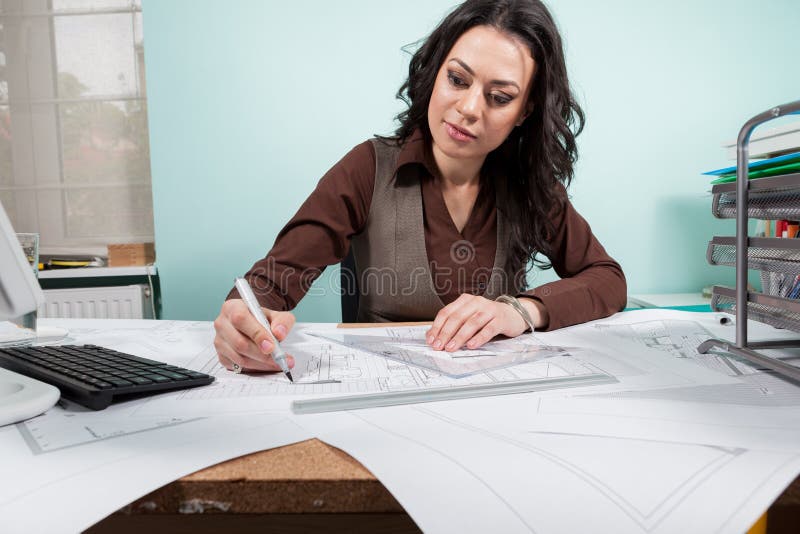 Architect at Her Table Working on Blueprints Stock Image - Image of ...