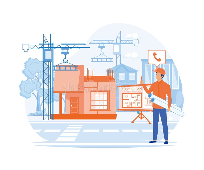Architect Holding Blueprints Near Construction Flat Cartoon Vector ...