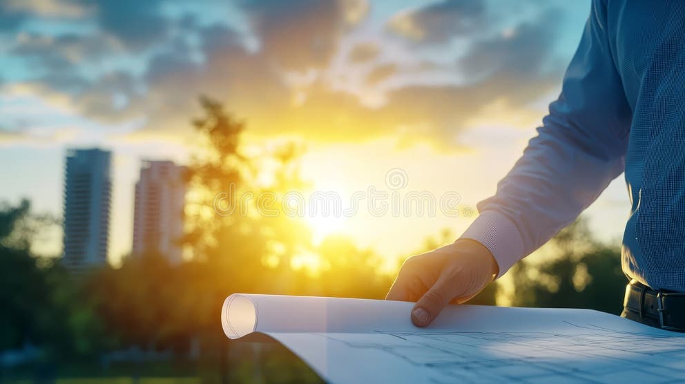 Architect Holding Blueprints at Sunset Stock Illustration ...