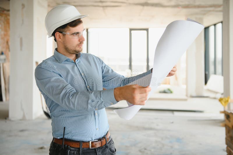 Architect Holding Blueprints and Wearing a Helmet Stock Photo - Image ...