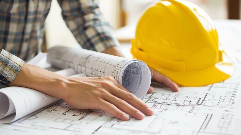 Architect Holding and Examining Blueprints on a Construction Plan ...