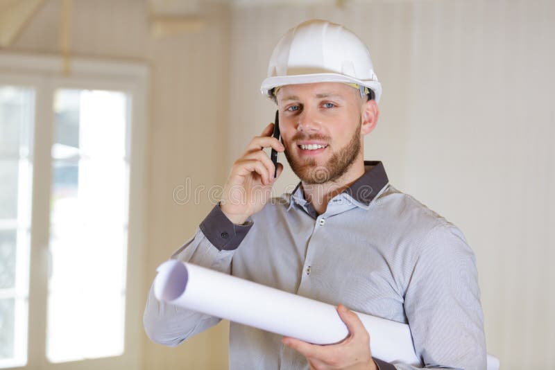 Architect Holds Blueprint Paper Construction Drawing Plan Stock Image ...