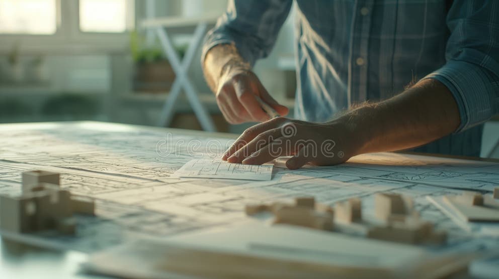 Architect with House Blueprints at Table in Studio Surrounded by ...