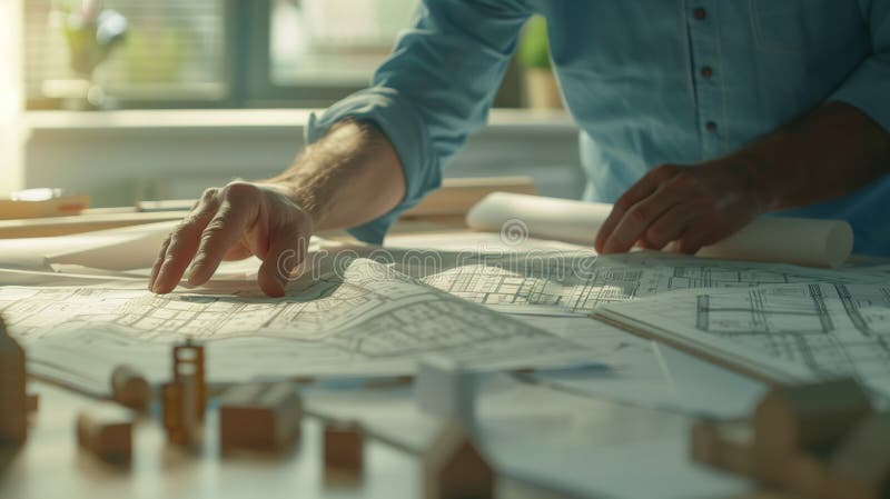 Architect with House Blueprints at Table in Studio Surrounded by ...
