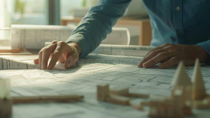 Architect with House Blueprints at Table in Studio Surrounded by ...