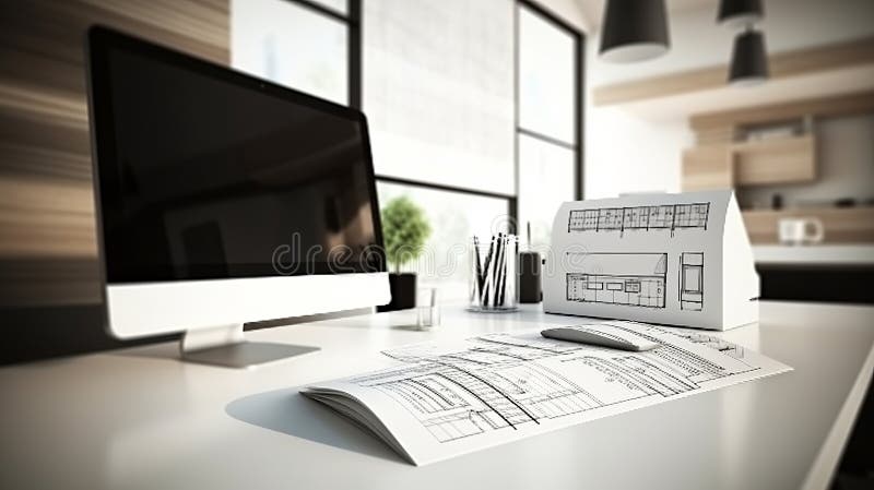 Architect House Project Concept, Desktop Computer on White Work Desk ...