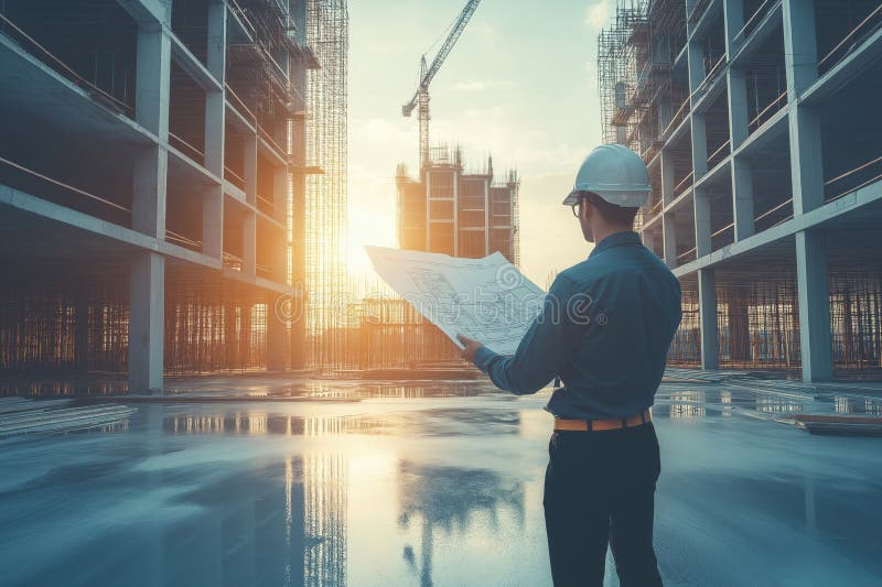 Architect Inspecting and Analyzing Construction Plan Design on ...