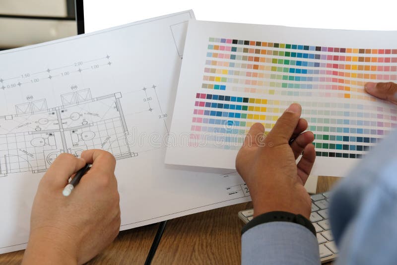 Architect Interior Designer Working with House Drawing Plan & Color ...