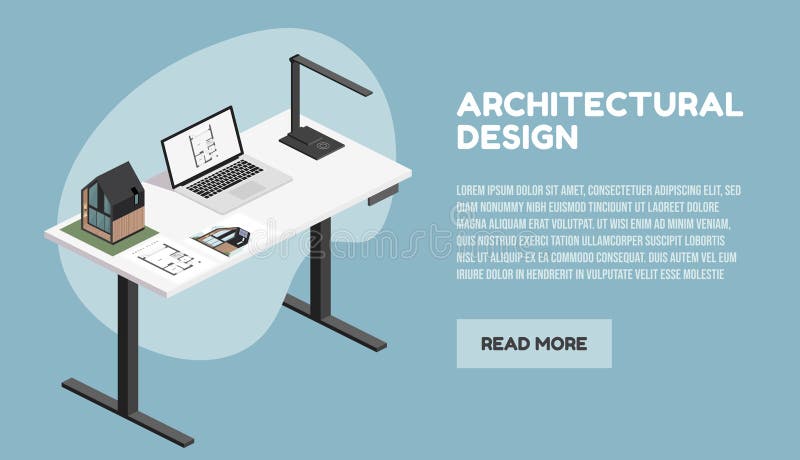 Architect Isometric Desktop with Tools Including Laptop, Lamp and ...