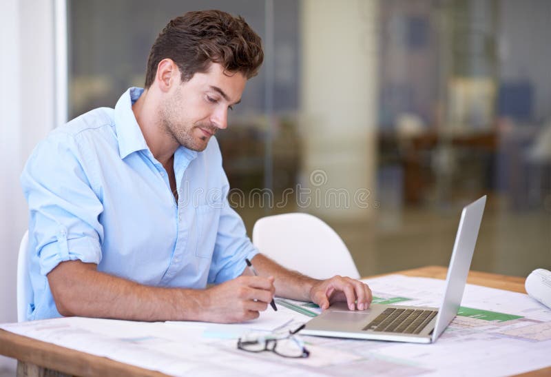 Architect, Laptop and Man in Office with Blueprint, Thinking and ...